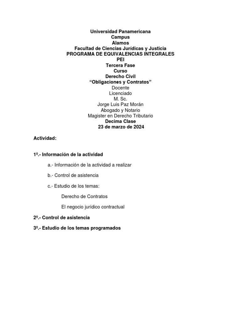 10a. Clase, PEI Derecho Civil Obligaciones y Contratos | PDF | Derecho empresarial | Justicia