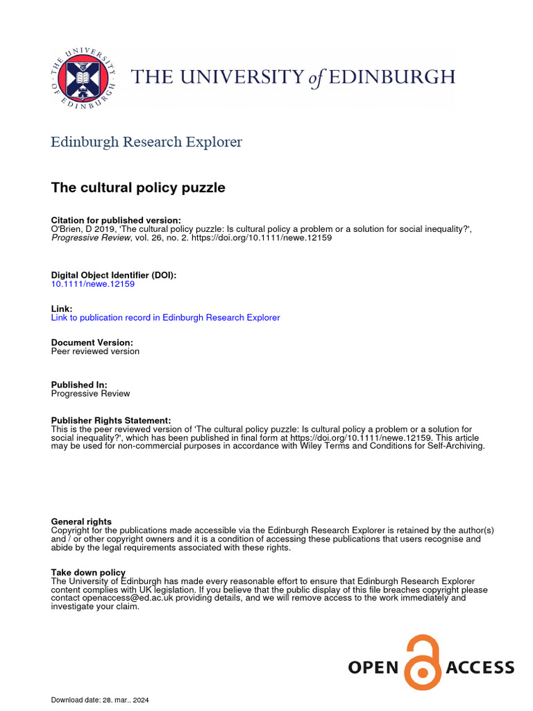 O'Brien, D 2019, 'The Cultural Policy Puzzle. Is Cultural Policy A ... O'Brien, D 2019, 'The Cultural Policy Puzzle. Is Cultural Policy A ...
