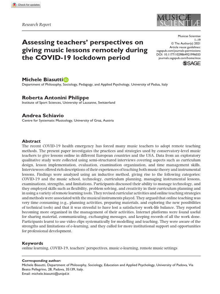 Assessing Teachers Perspectives On Giving Music Lessons Remotely During ...
