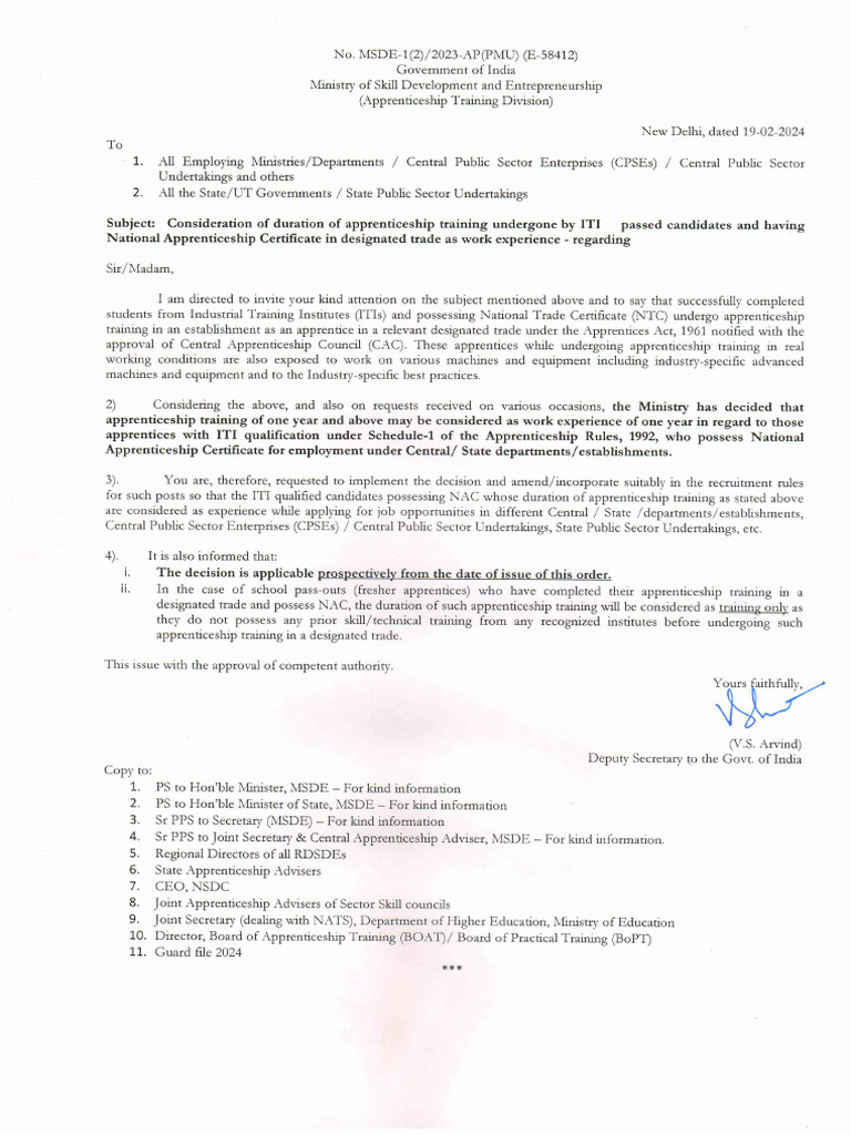 Consideration of Duration of Apprenticeship Training Undergone by ITI ...