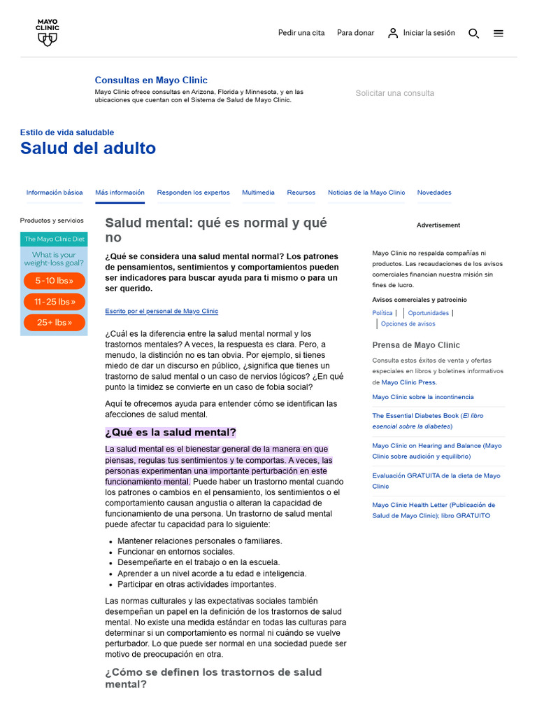 Salud Mental - Qué Es Normal y Qué No - Mayo Clinic | PDF | Manual ...
