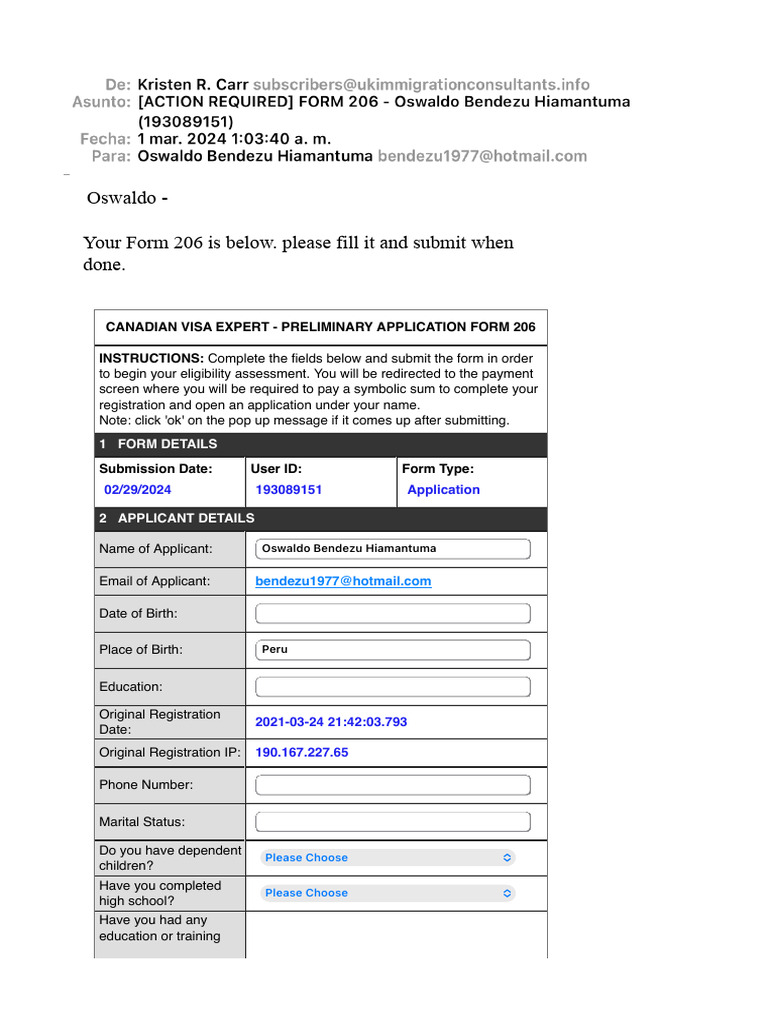 Form 206: Canadian Visa Application | PDF