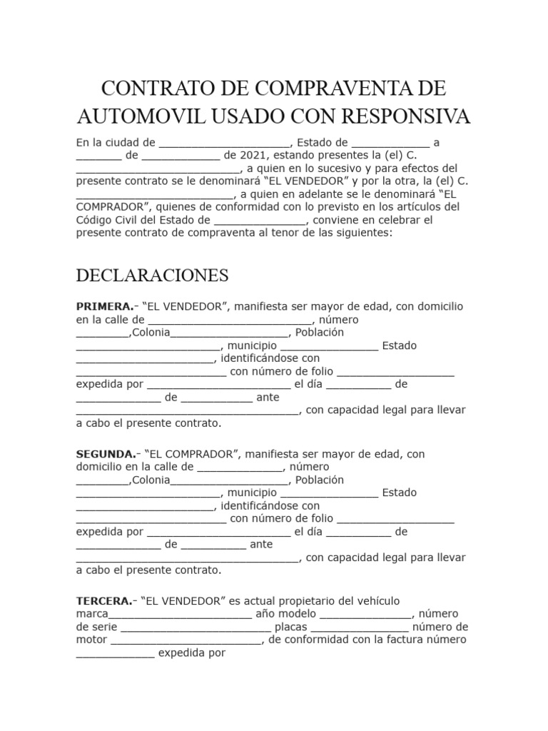 Contrato de Compraventa de Automovil Usado Con Responsiva | Descargar ...