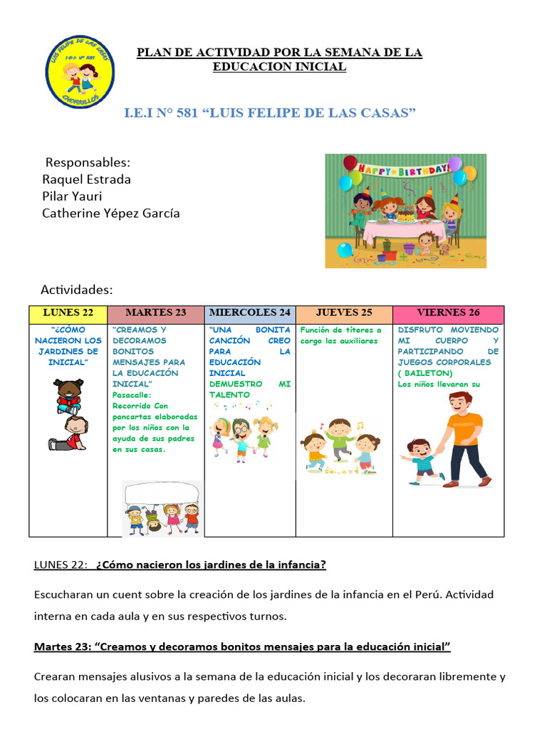 Plan de Actividades Semana de La Educacion Inicial 2023 | PDF
