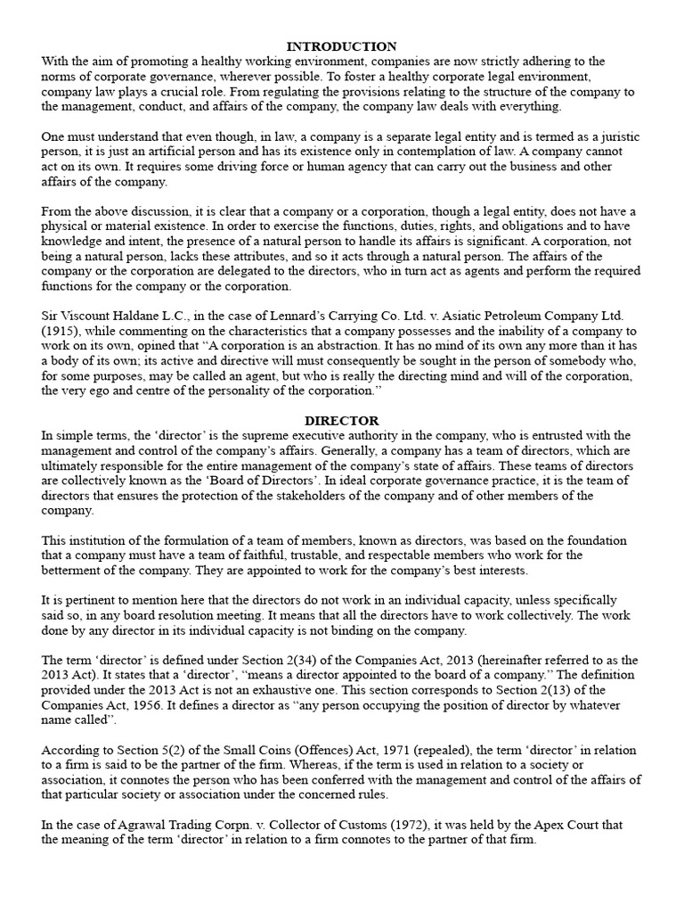 Company Law Notes | PDF | Board Of Directors | Law Of Agency