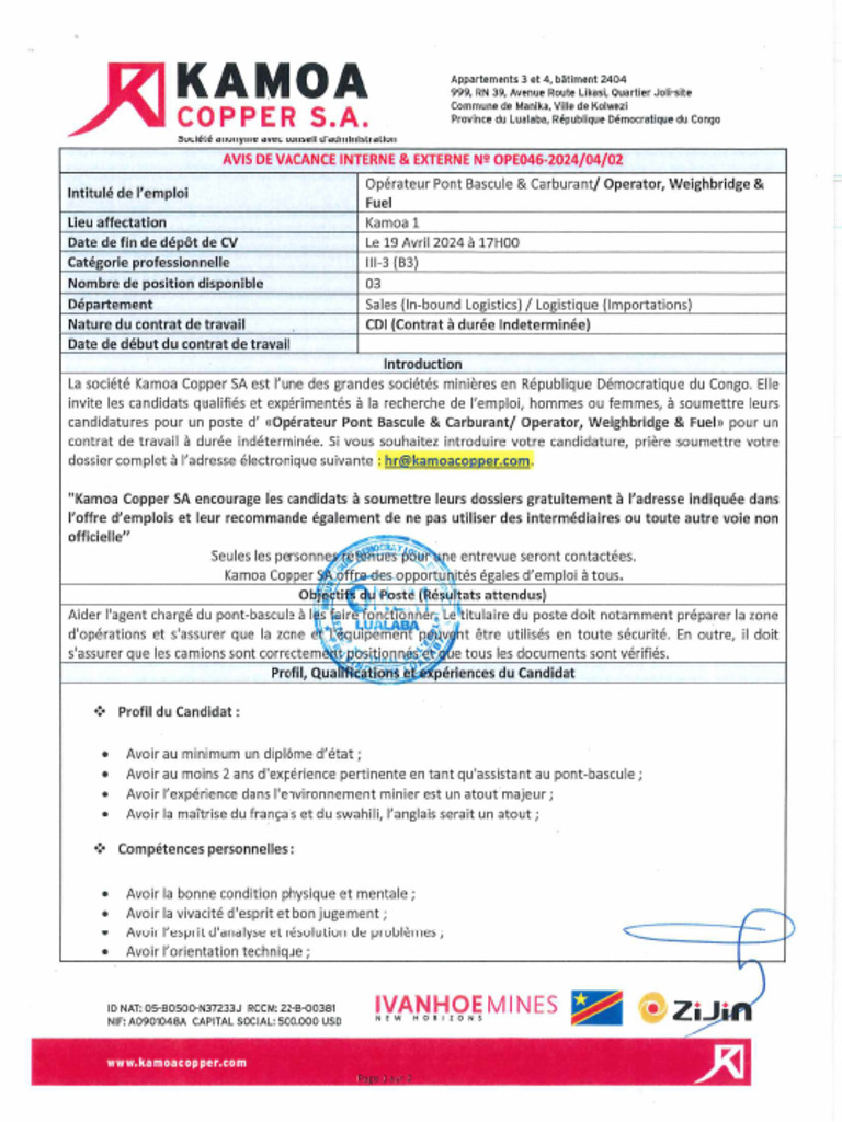 Advert N OP046 Operateur Pont Bascule & Carburant | PDF