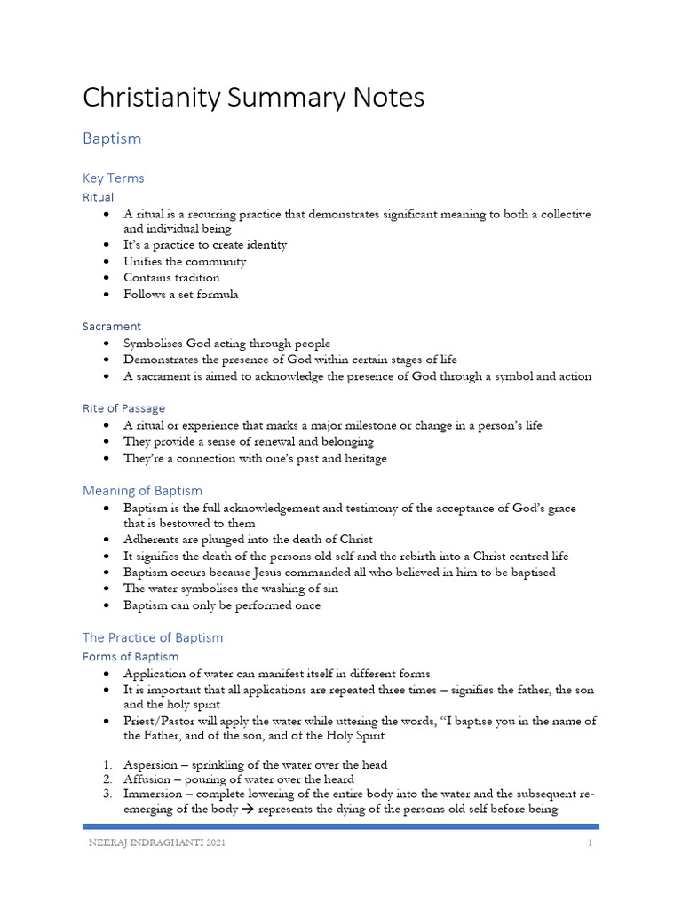 Christianity Summary Notes | PDF | Baptism | Catholic Church