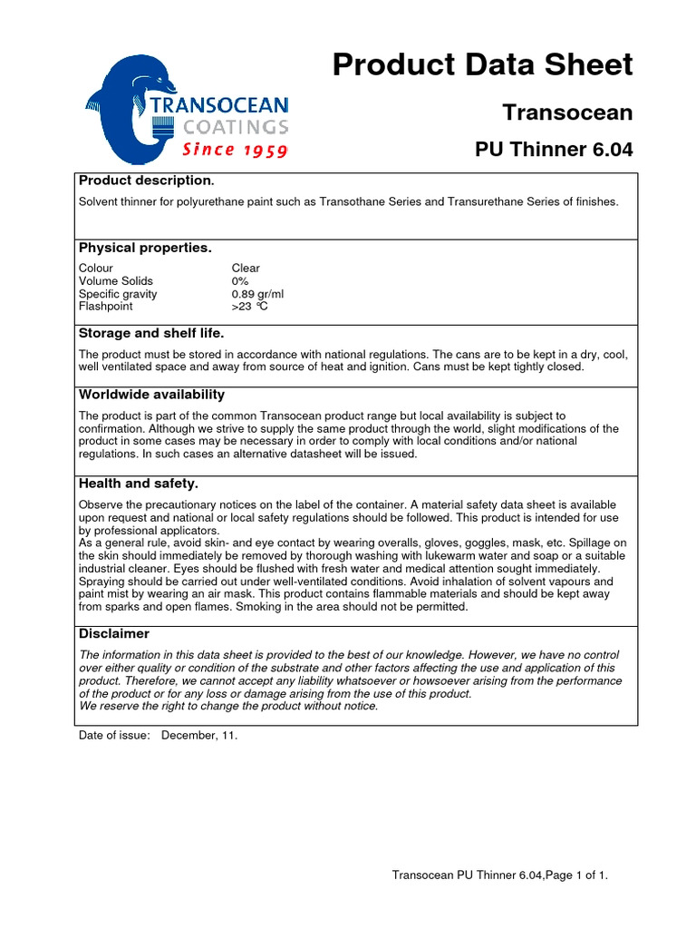 Transocean PU Thinner 6.04 | PDF | Paint | Water
