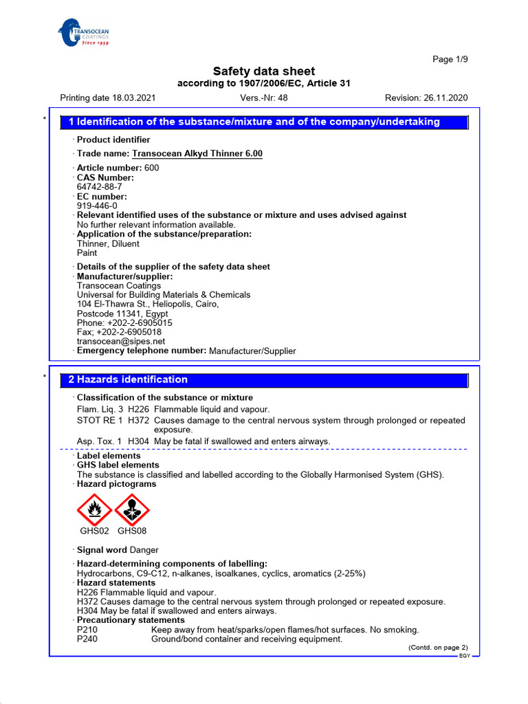 MSDSTransocean Alkyd Thinner 6.00 (EGY) - EN48 | PDF | Chemistry