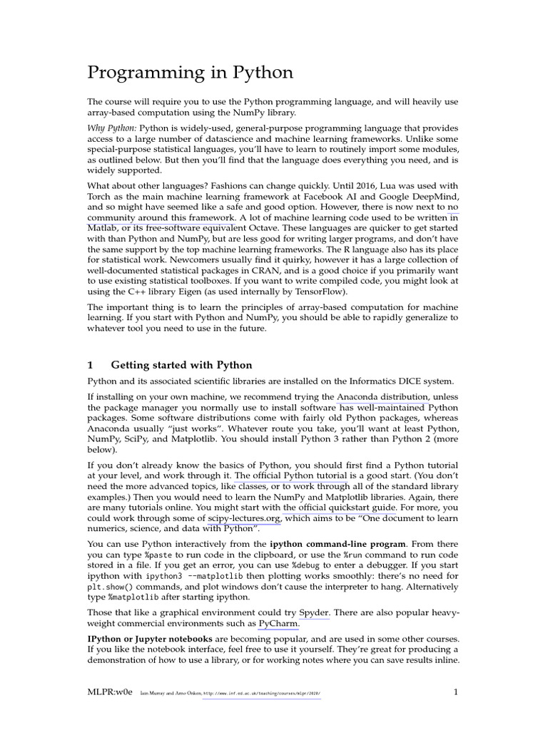 Machine Learning And Pattern Recognition Programming Pdf Matrix Mathematics Python