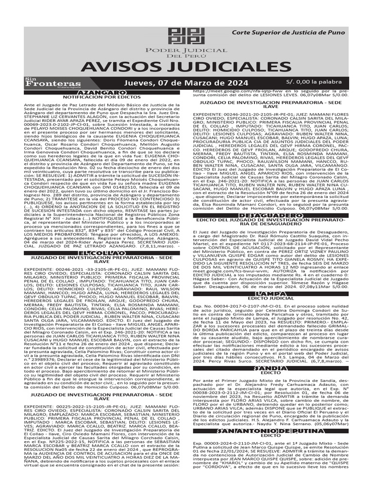 Judiciales Puno 2024 03 07 | PDF | Demanda judicial | Fiscal