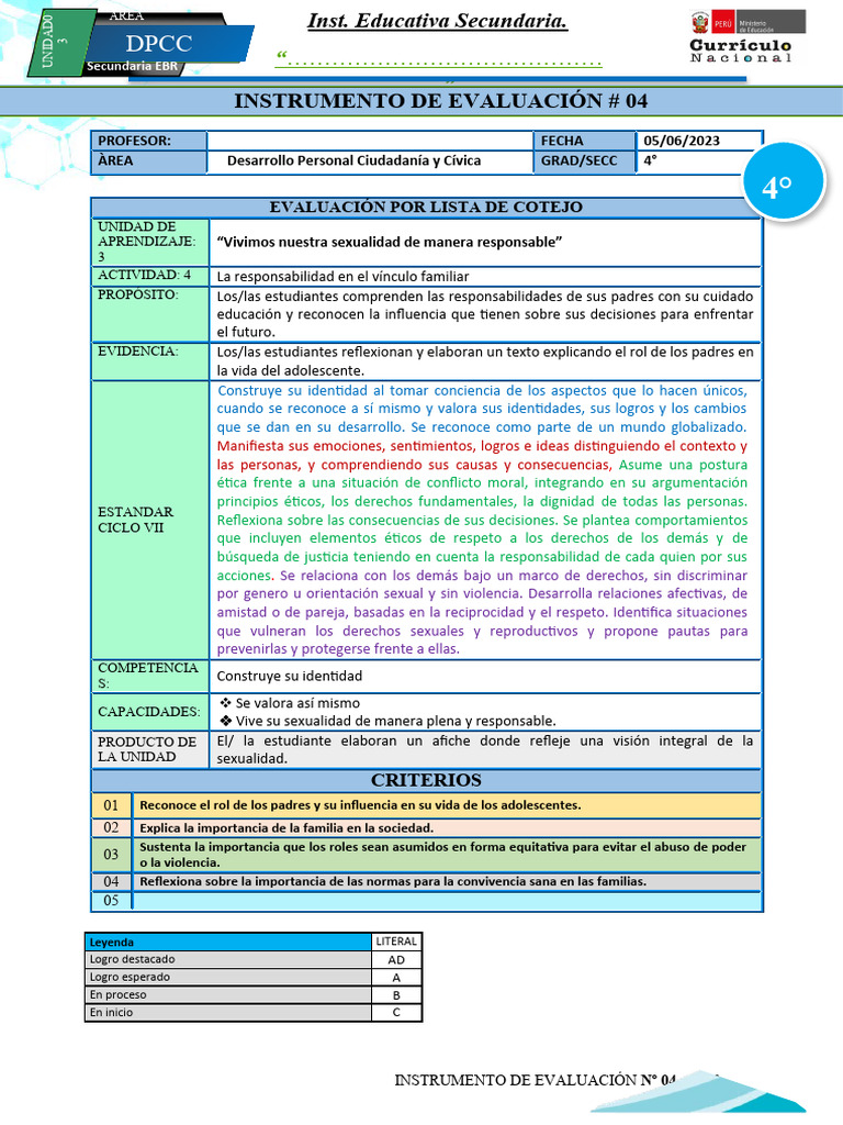 4º DPCC - LC Act.4 Uni 3 - Sem 04 | PDF | Evaluación | La sexualidad humana