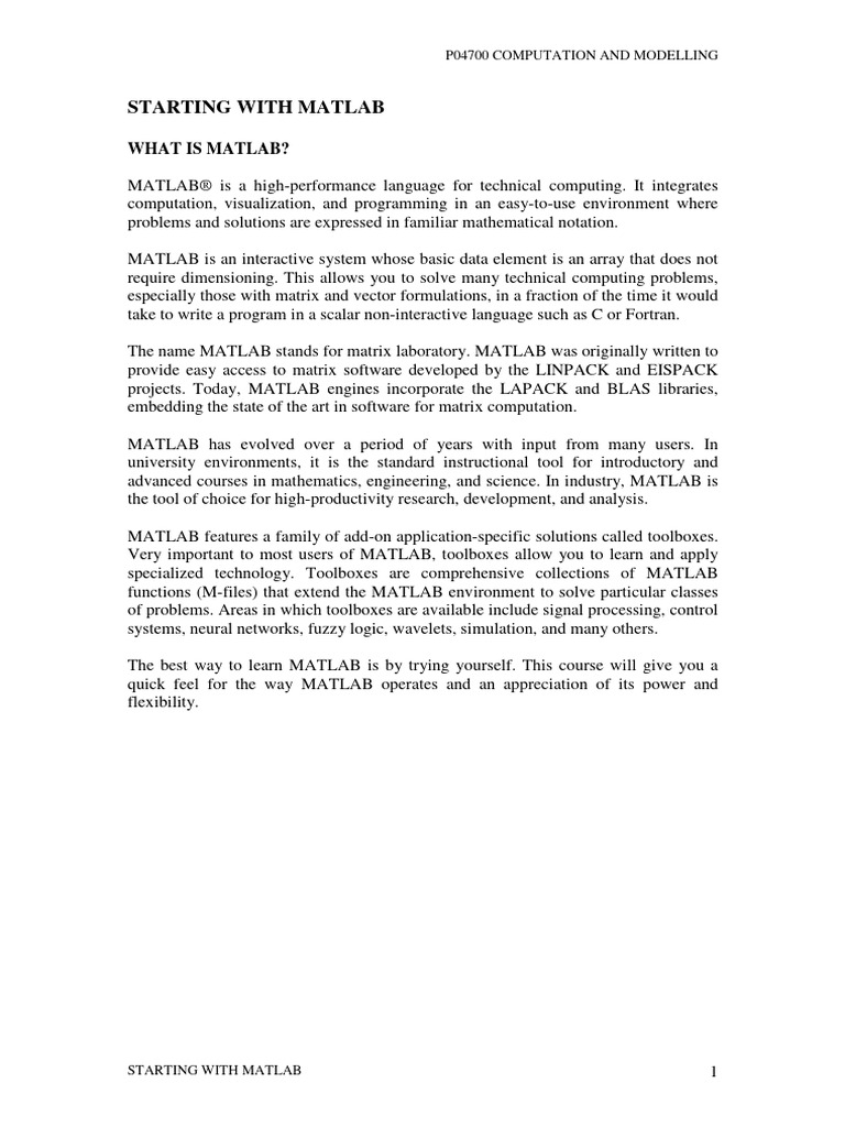 P04700 MATLAB Handout - 1 2015 | PDF | Matrix (Mathematics) | Matlab