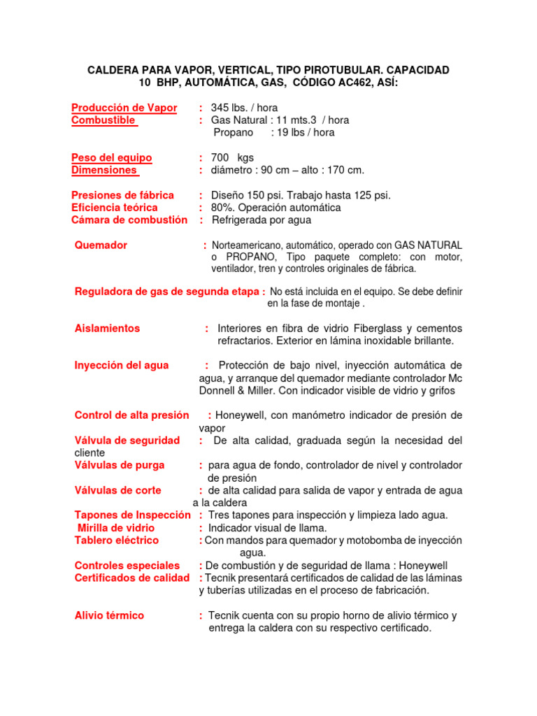 Ficha Tecnica Caldera Vapor 10 BHP | PDF | Vapor | Agua