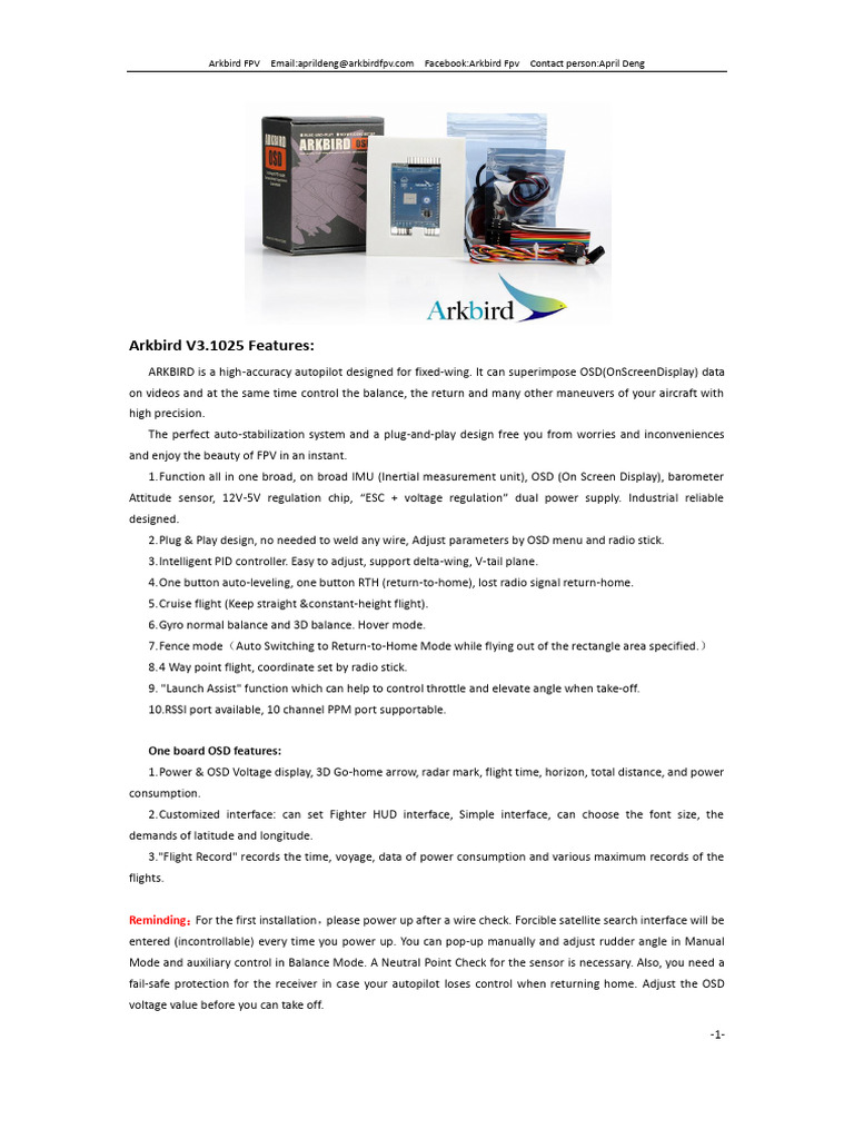 Arkbird V3.1025 Autopilot Features | PDF | Power Supply | Electronics