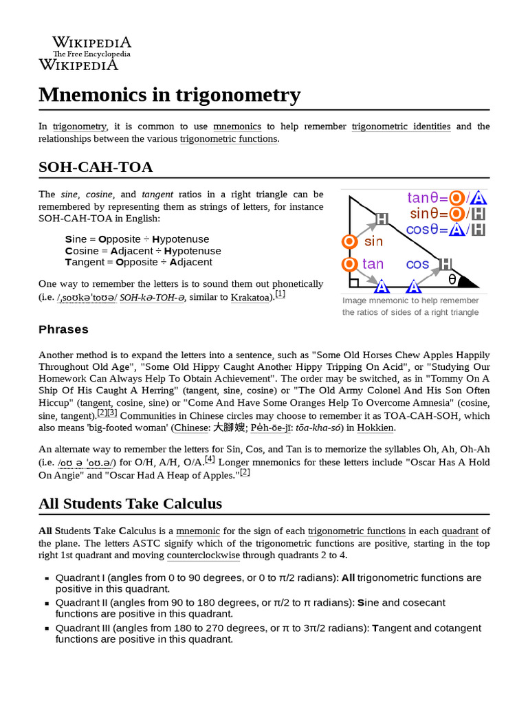 Mnemonics In Trigonometry Pdf Trigonometric Functions Trigonometry