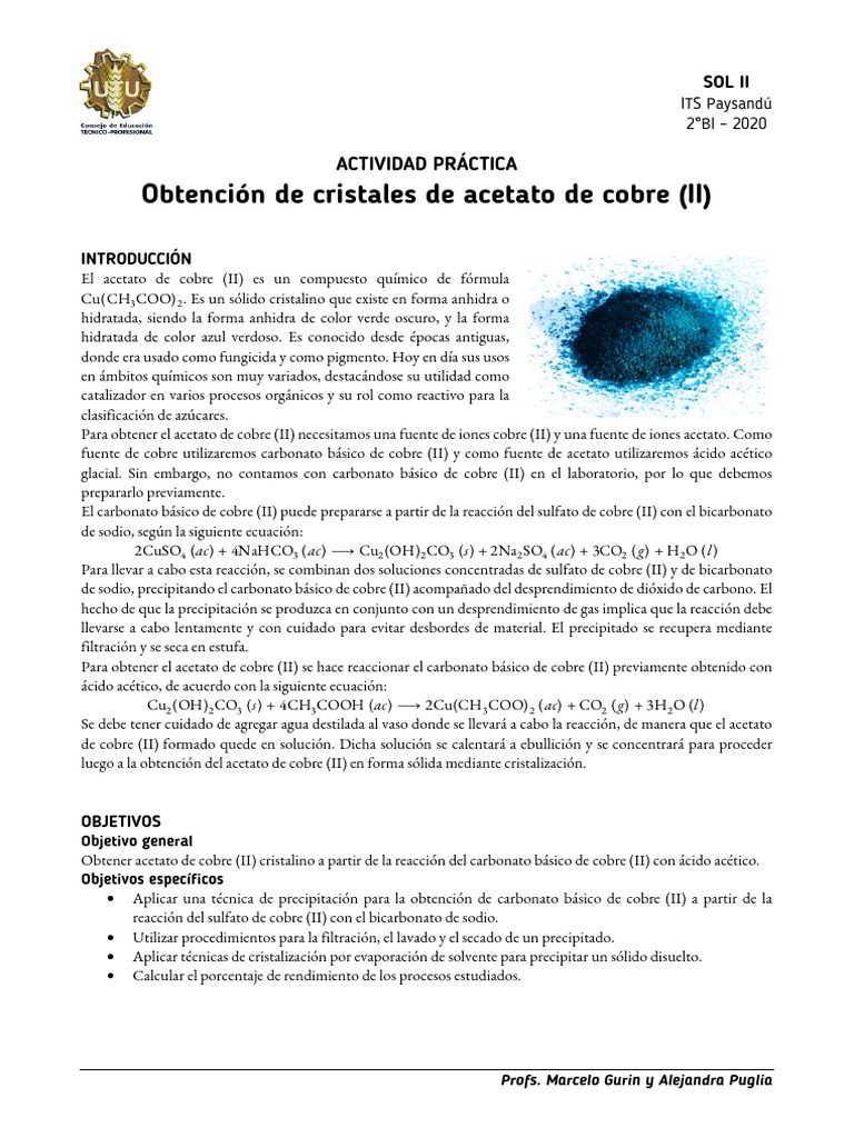 ACTIVIDAD PRÁCTICA - Obtención de Acetato de Cobre (II) | PDF | Cobre | Precipitación (Química)