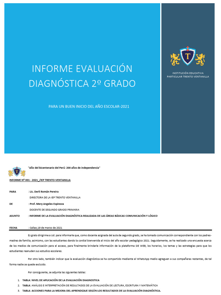 -Informe de Evaluación Diagnóstical Trento Segundo Grado | PDF ...