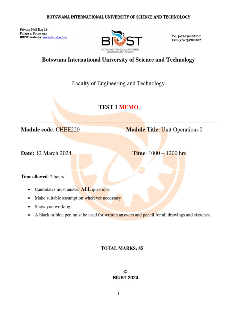 Chee220 Test 1 Memo 2024 | PDF | Filtration | Mixture