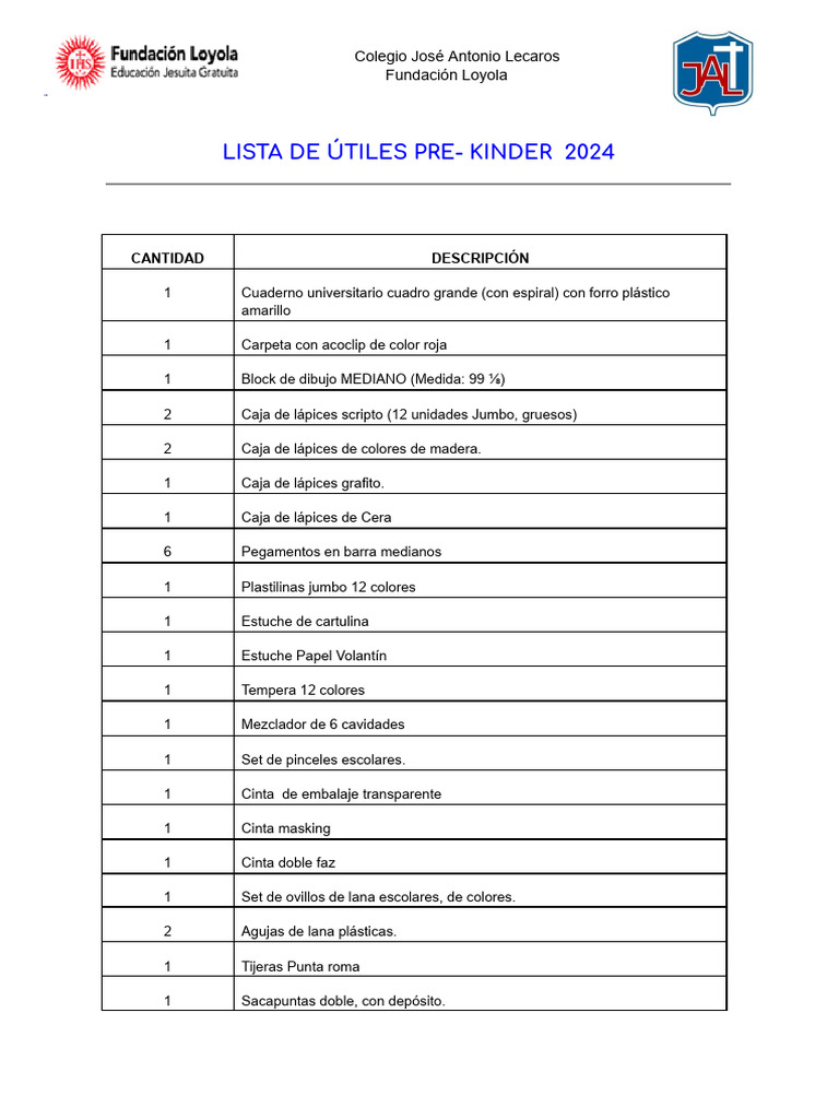 LISTA DE UTILES PRE KINDER .Docx 1 | PDF
