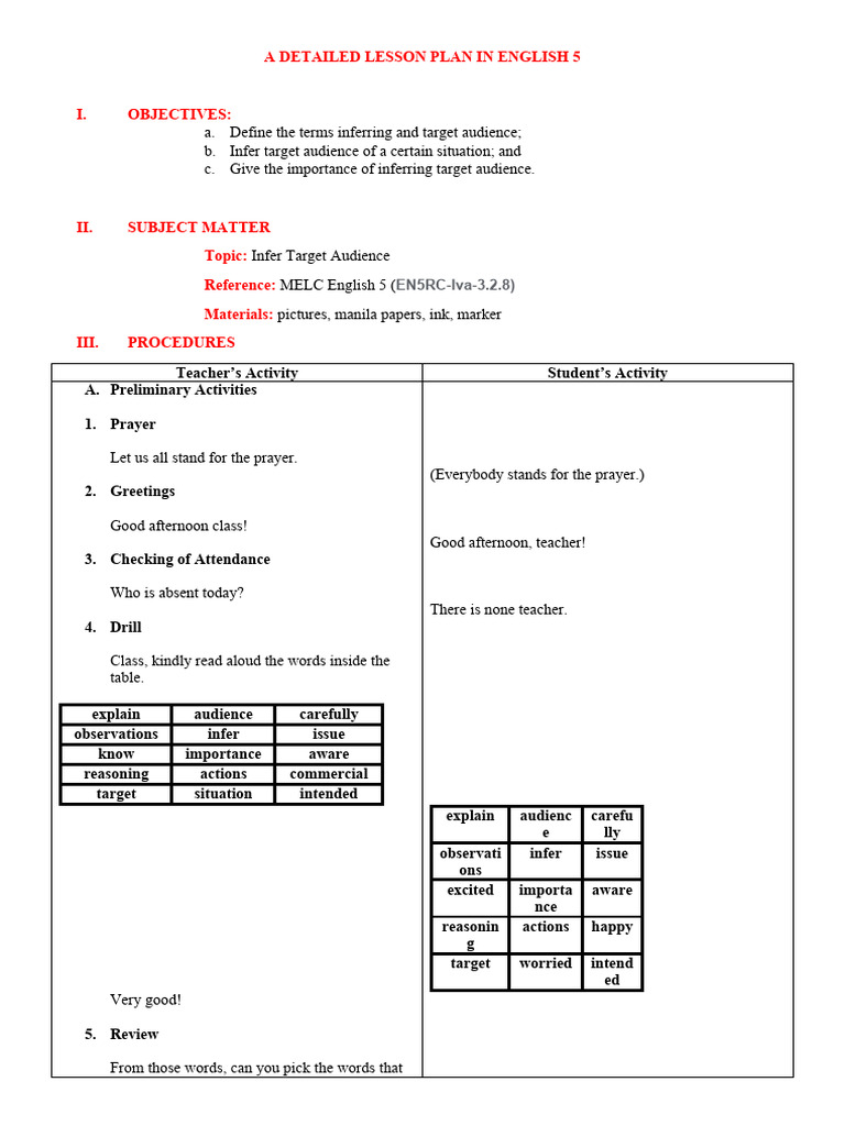 English Lesson Plan Grade 5 Infer Target Audience Local Demo | PDF