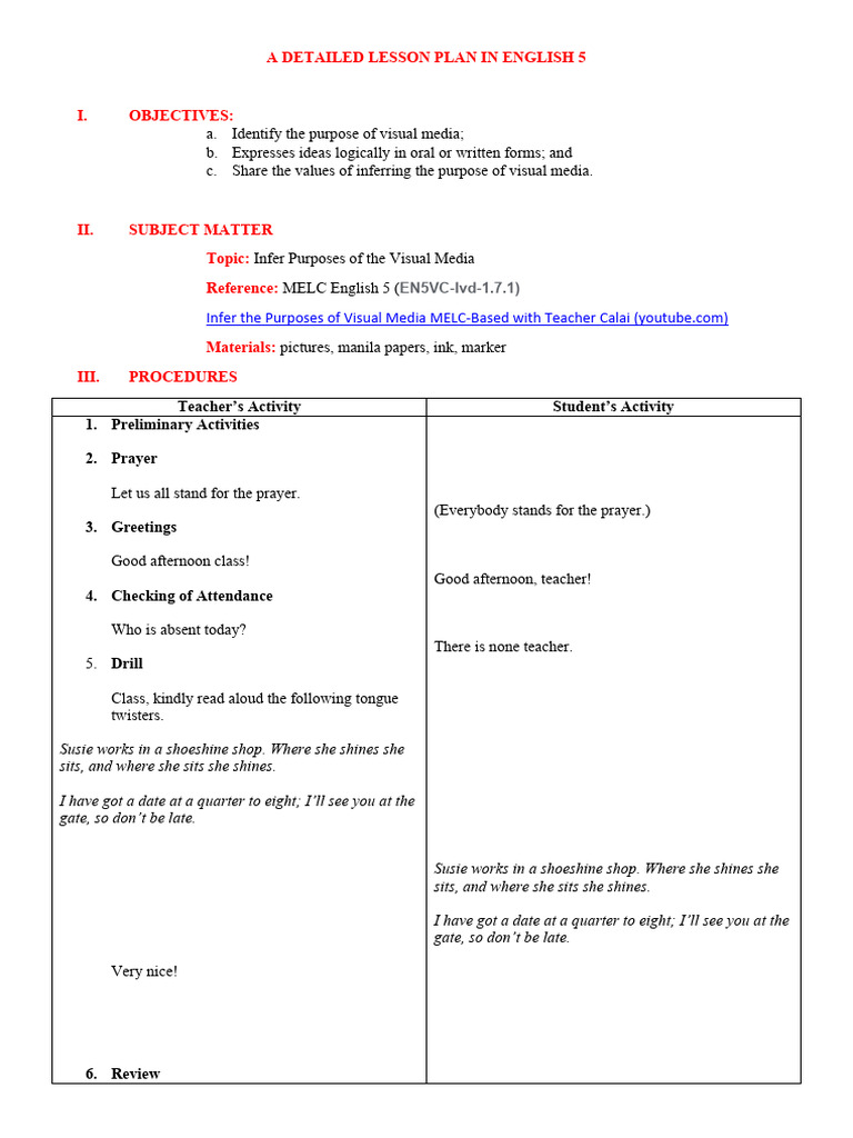 english lesson plan infer purposes of the visual media 5 | PDF | Mass ...