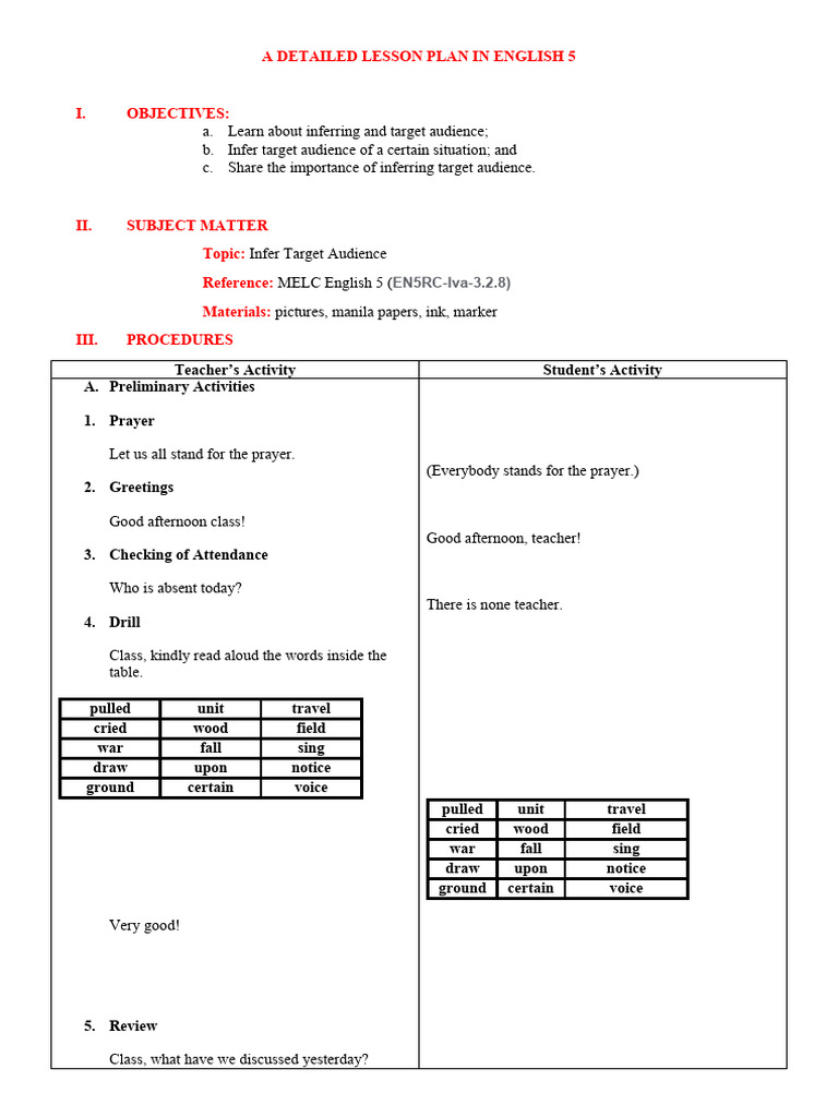 English Lesson Plan 5 Infer Target Audience | PDF