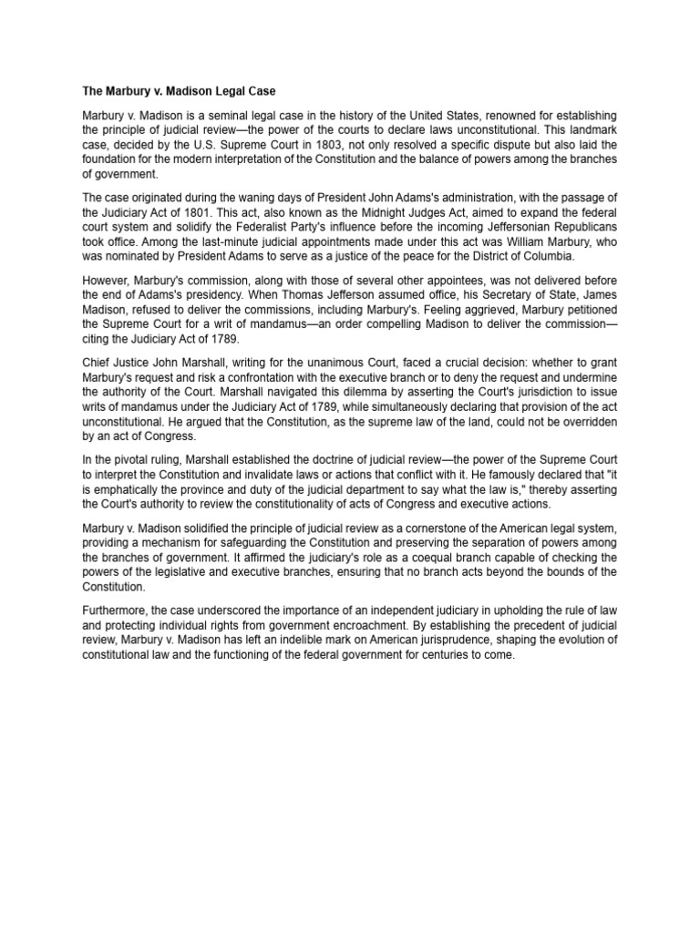 Marbury v. Madison: Judicial Review Established | PDF | Marbury V ...