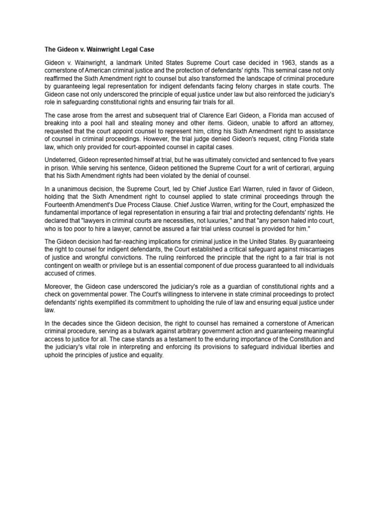 The Gideon v. Wainwright Legal Case | PDF | Gideon V. Wainwright ...