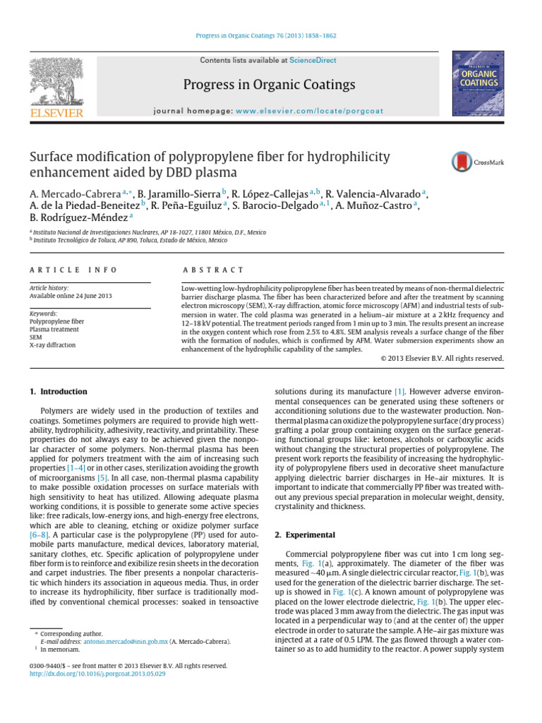 Surface Modification of Polypropylene Fi | PDF | X Ray Crystallography ...