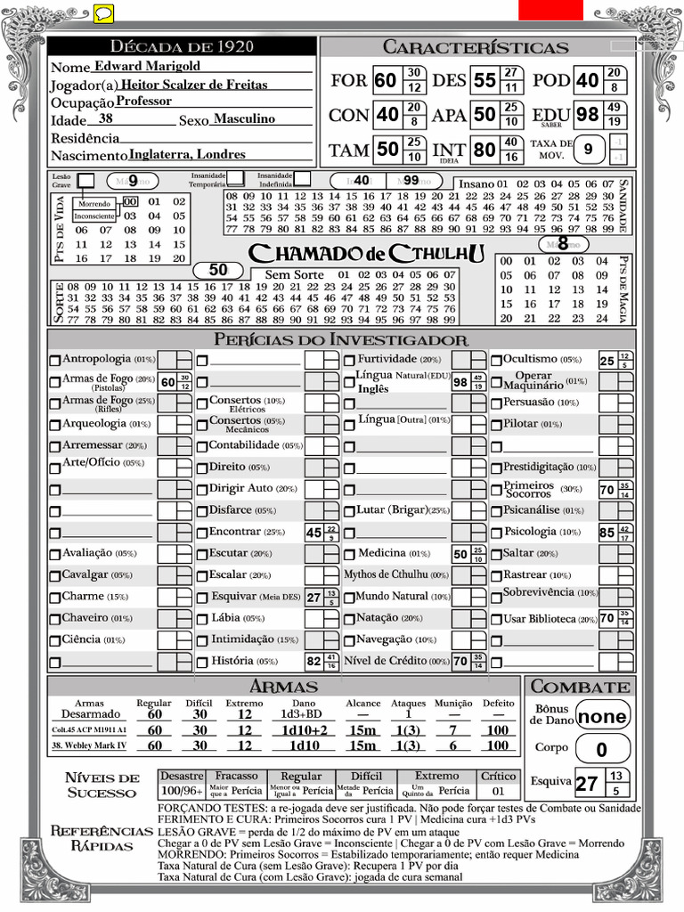 FICHA EDITAVEL CHAMADO DE CTHULHU 7E | PDF