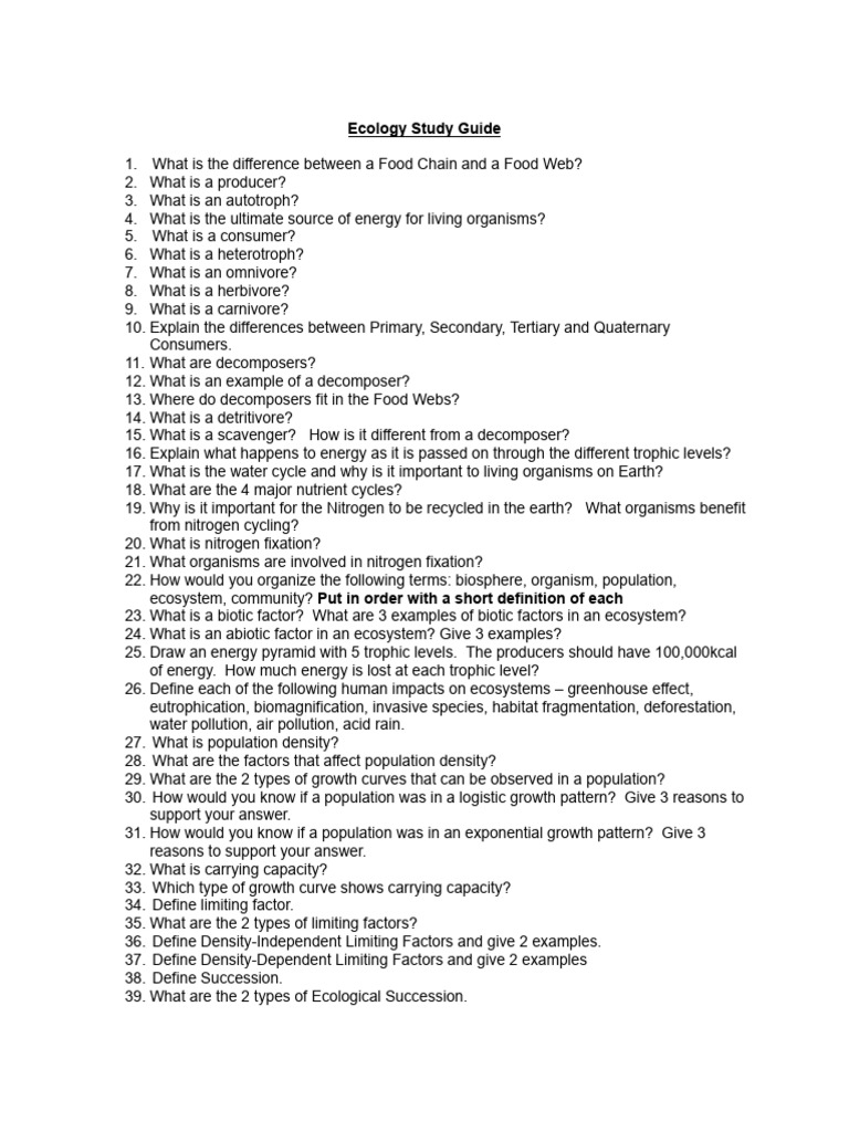 Biology: Ecology Study Guide. | PDF | Food Web | Ecosystem