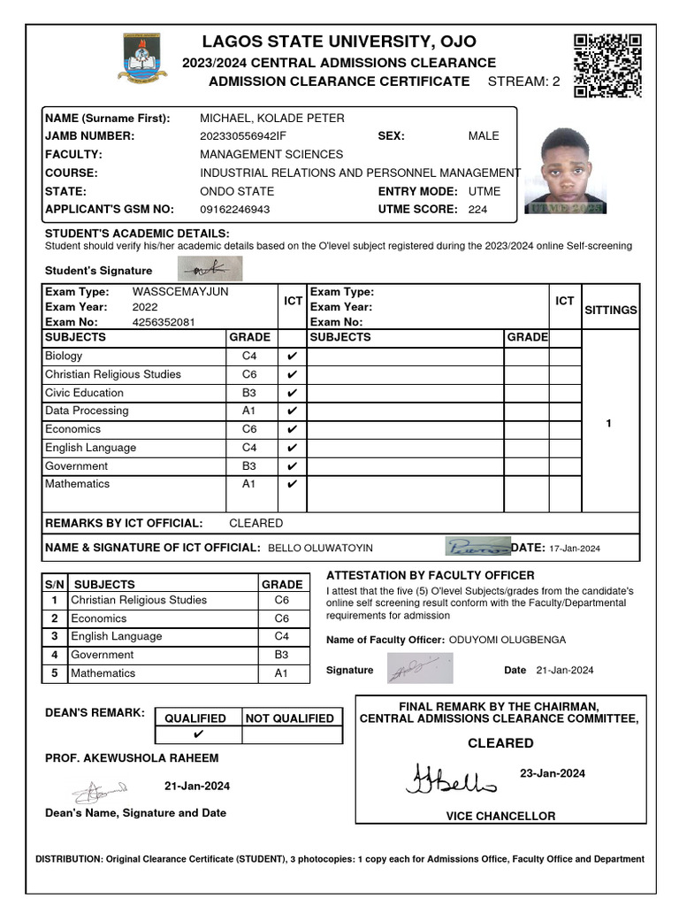 Lagos State University, Ojo: 2023/2024 Central Admissions Clearance ...