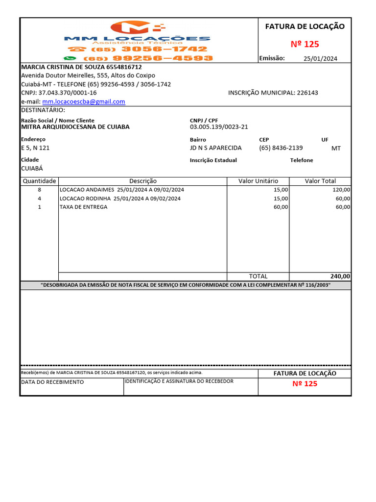Fatura de Locação 125 | PDF
