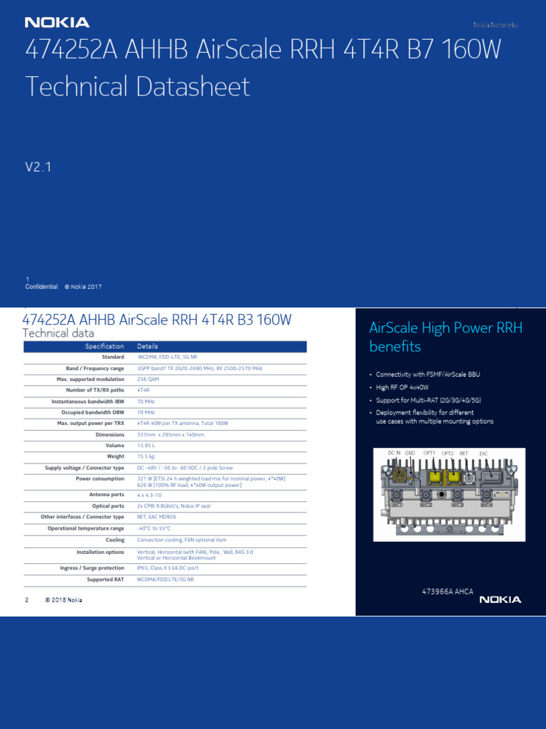 Nokia AirScale RRH 4T4R B7 Specs | PDF | Lte (Telecommunication ...