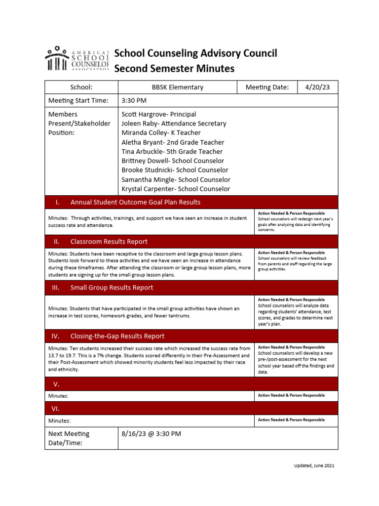 Advisory Council Second Semester Minutes | PDF | School Counselor ...