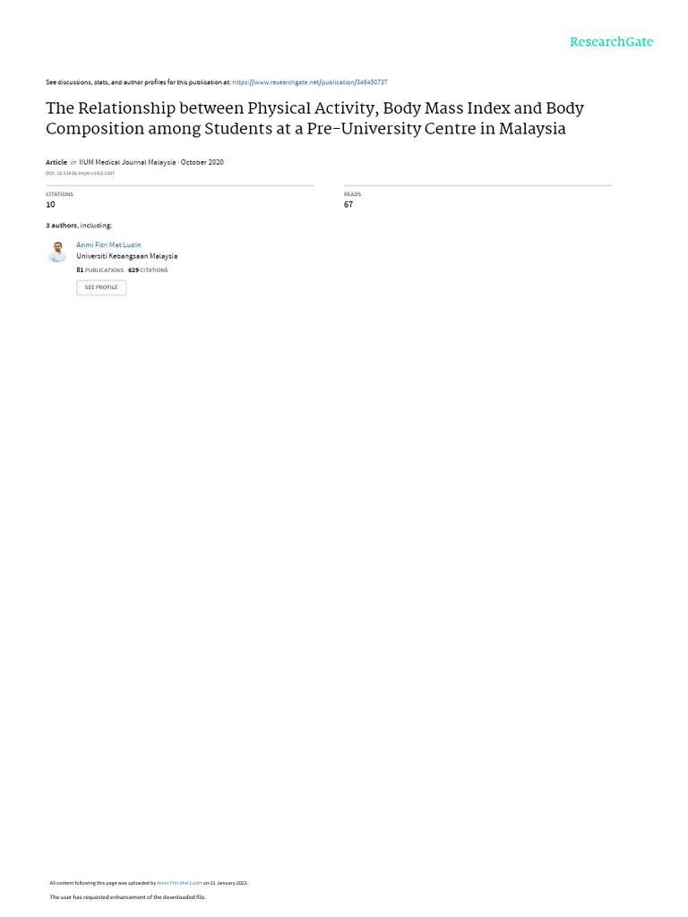 The Relationship Between Physical Activity, Body Mass Index and Body Composition Among Students ...