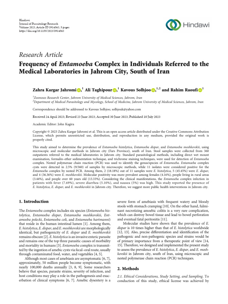 Hindawi Parasitology Research Enta Complex | PDF | Medical Specialties | Clinical Medicine