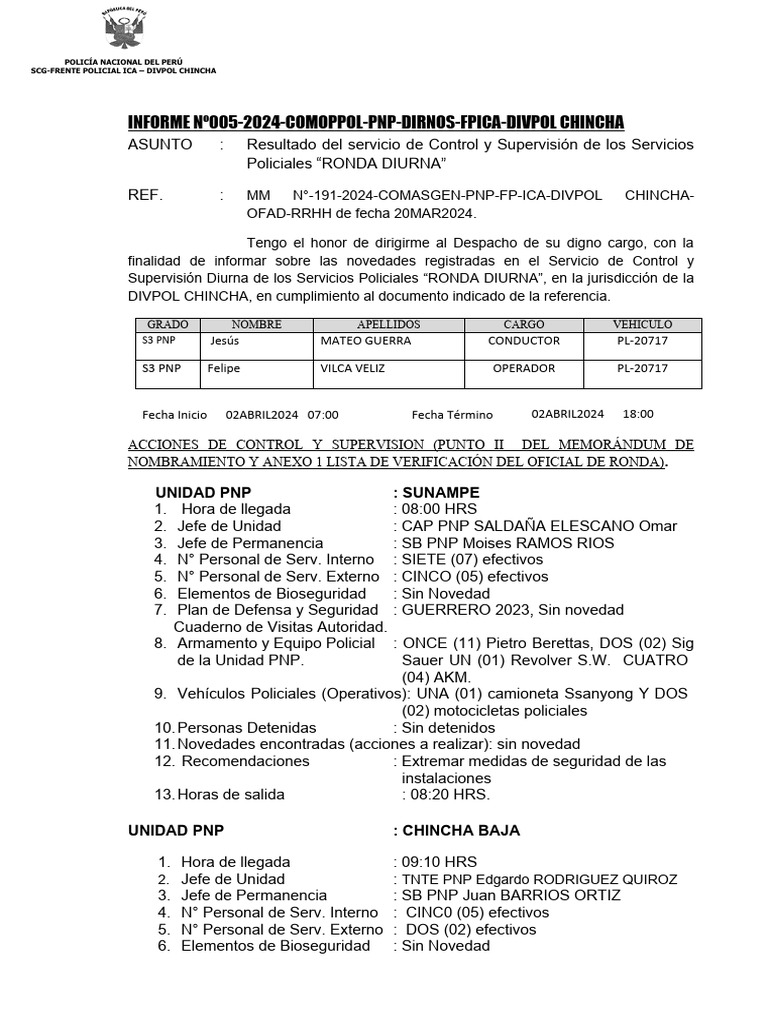 Informe #005-Ronda Diurna Alfz PNP Ortiz | PDF | Gobierno | Derecho penal