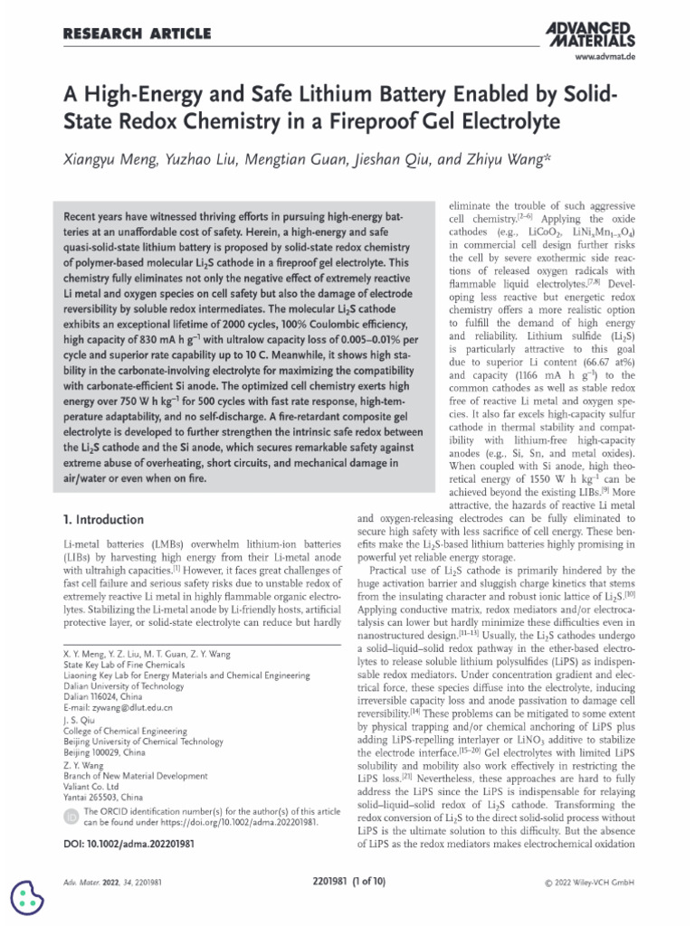 A High‐Energy and Safe Lithium Battery Enabled by Solid‐State Redox Chemistry in a Fireproof Gel ...