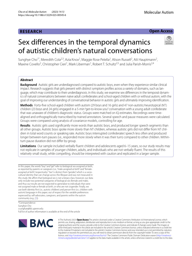 Sex Differences in The Temporal Dynamics of Autistic Children's Natural Conversations | Download ...