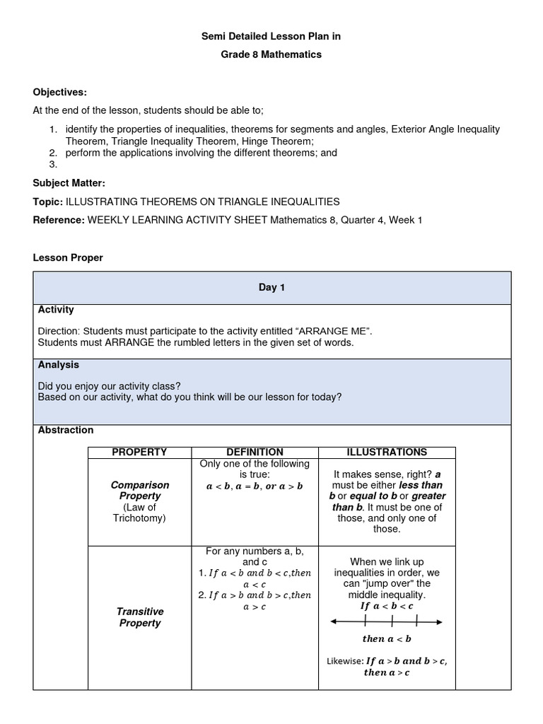 Lesson Plan in Triangle Inequalities | Download Free PDF | Triangle ...