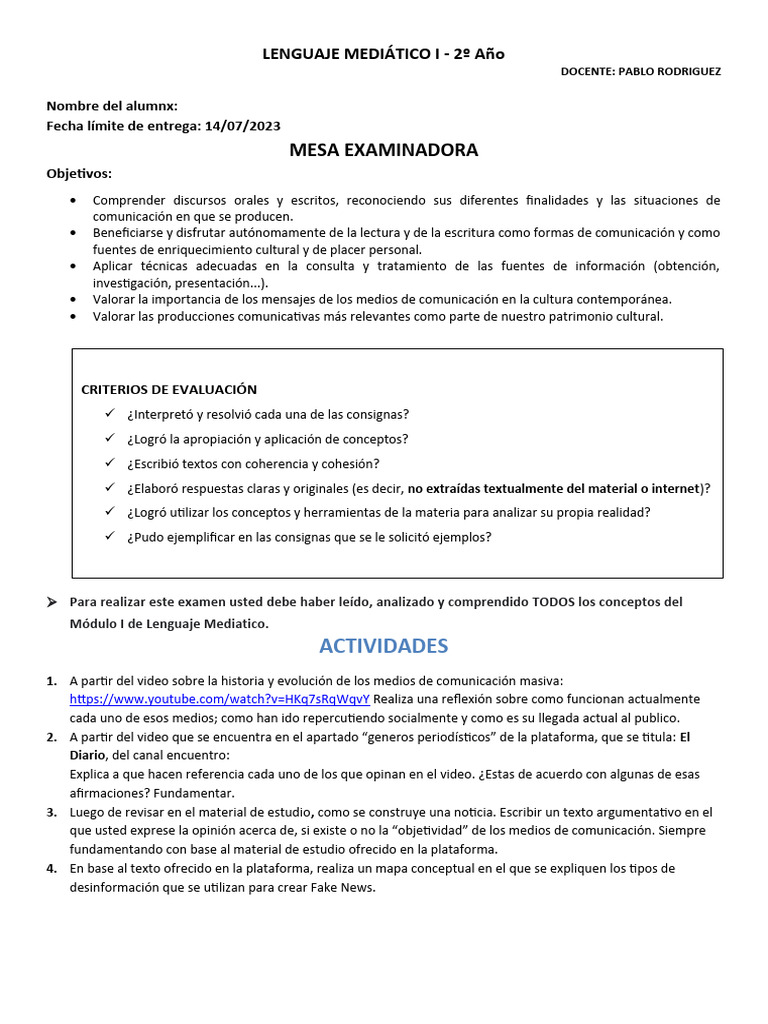 Examen de Lenguaje Mediático I | PDF | Medios de comunicación en masa ...