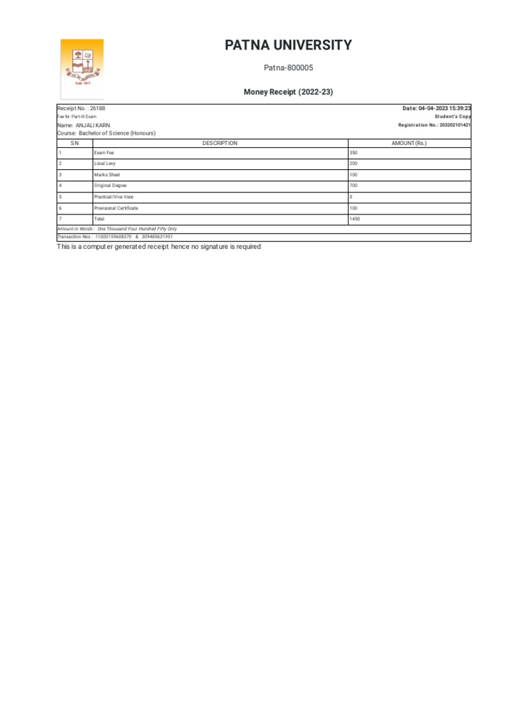 Part 3 Examination Form Patna University, Patna. | PDF