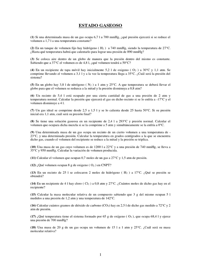 Guia de Ejercicios - Estado Gaseoso | PDF | Gases | Mole (Unidad)