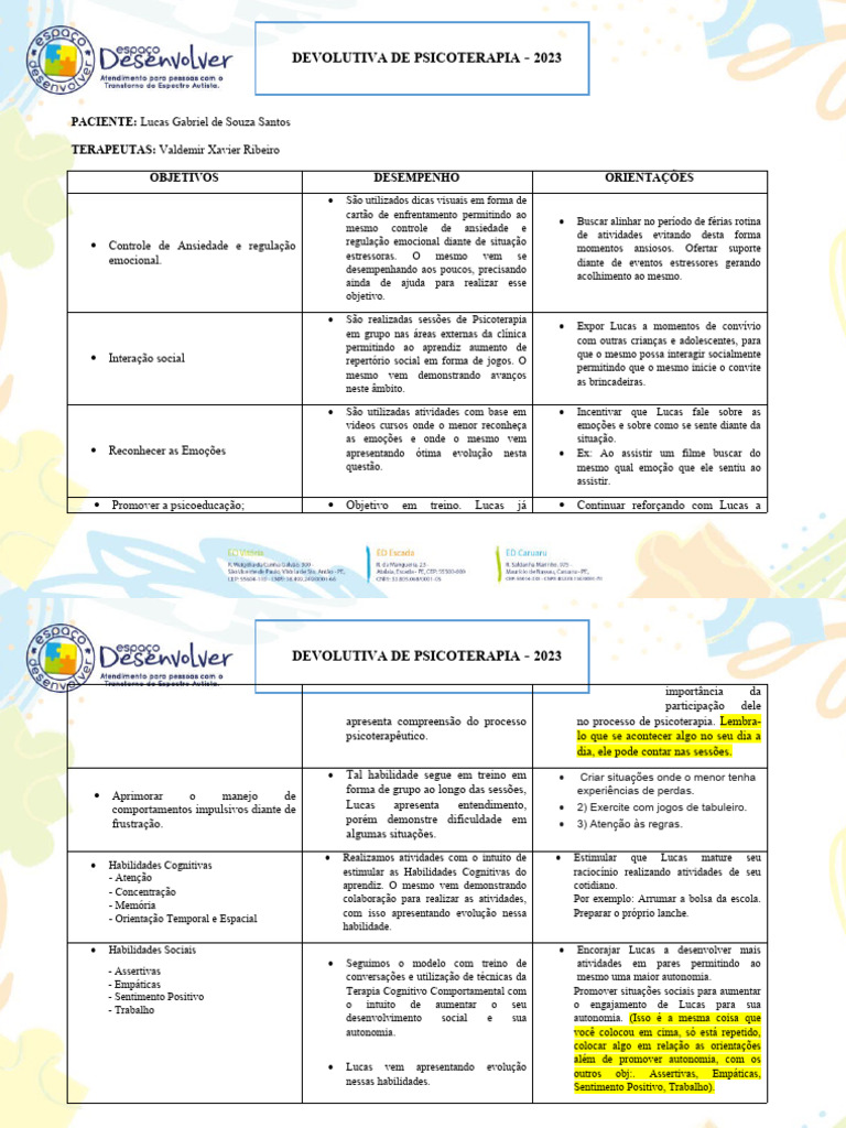 Devolutiva Psicoterapia - Lucas Gabriel 2023 | PDF | Psicoterapia | Emoções