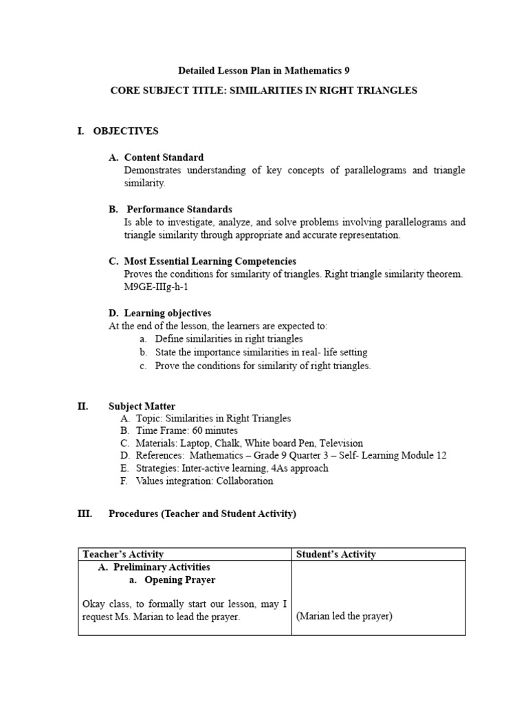 Right Triangle Similarity Lesson Plan | PDF | Triangle | Euclidean ...