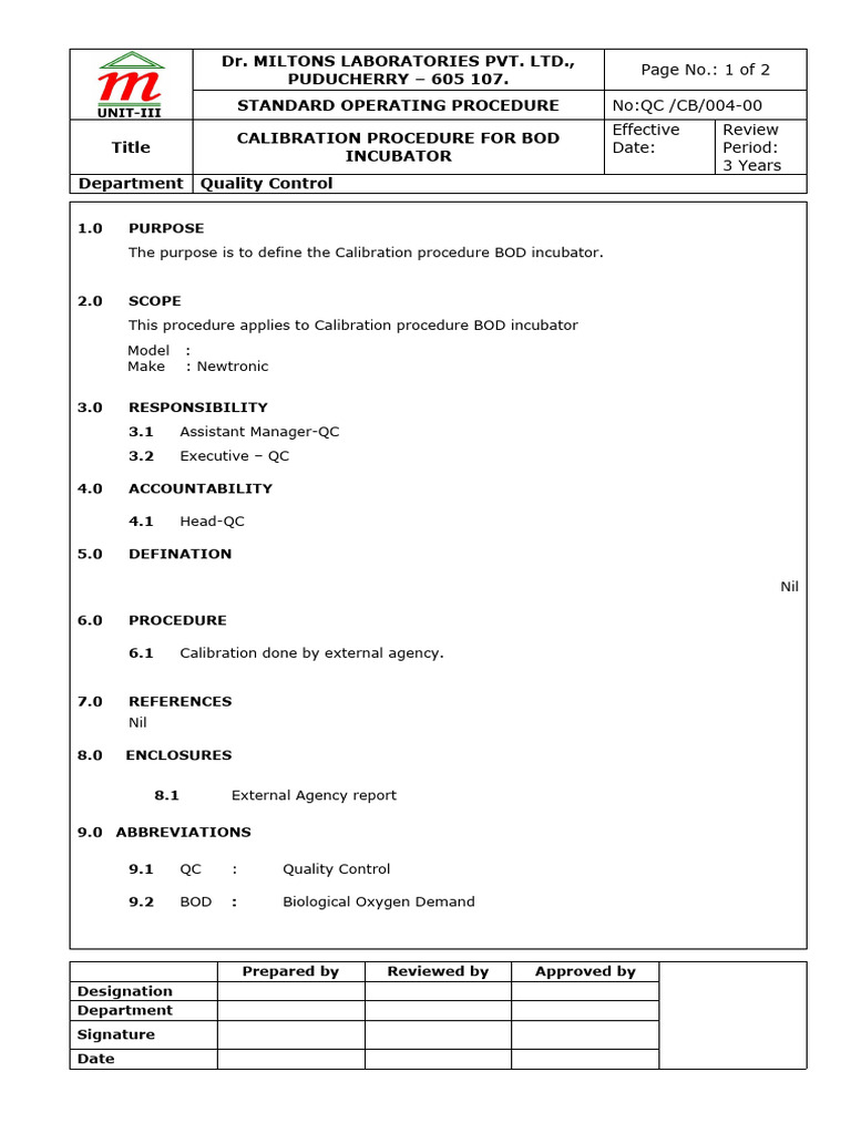 Calibration Procdure For BOD | PDF