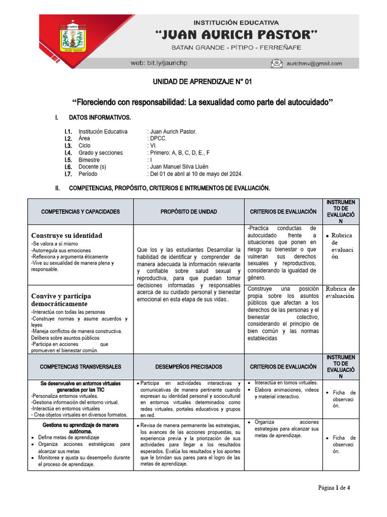 Unidad 1 - DPCC 1° - 2024 | PDF | La sexualidad humana | Aprendizaje