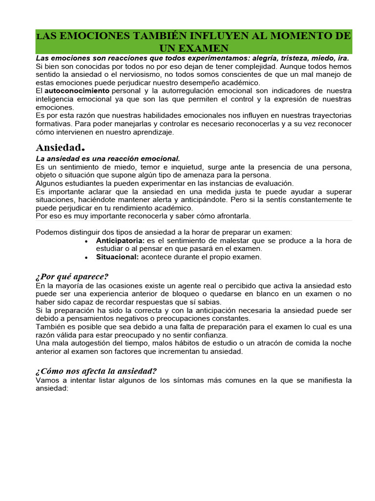 Las Emociones También Influyen Al Momento de Un Examen | PDF | Las emociones | Ansiedad